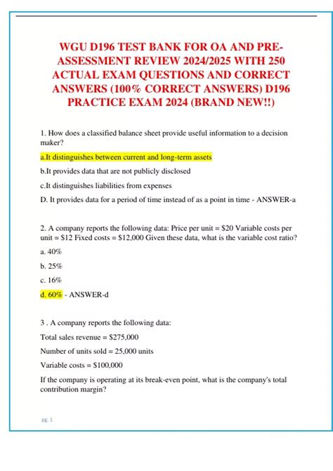 WGU D196 TEST BANK FOR OA AND PRE ASSESSMENT REVIEW 2024 2025 WITH 250 ACTUAL EXAM QUESTIONS AND