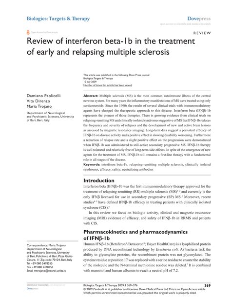 Pdf Review Of Interferon Beta 1b In The Treatment Of Early And Relapsing Multiple Sclerosis