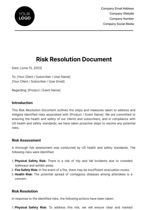 Free Risk Resolution Document Template To Edit Online