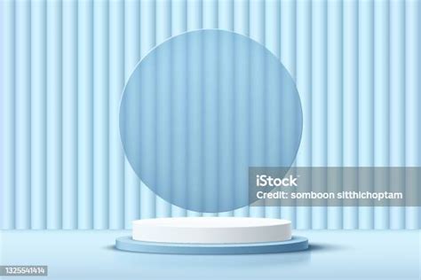 블루 글래스 원을 배경으로 한 현대적인 화이트 실린더 받침대 연단 추상 파스텔 블루 컬러 최소 벽 장면과 세로 선 질감 벡터