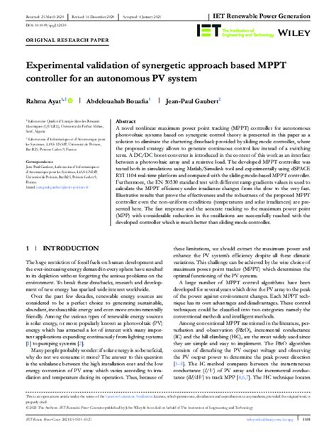 Pdf Experimental Validation Of Synergetic Approach Based Mppt Controller For An Autonomous Pv