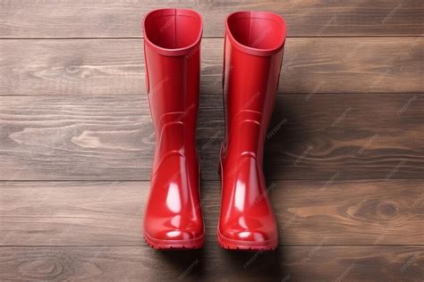 Premium Ai Image Pair Red Rubber Boots On Board Wear Show Autumn