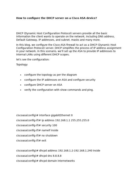 How To Configure The Dhcp Server On A Cisco Asa Device Pdf Internet Internet Architecture