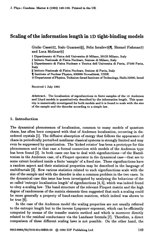 Pdf Scaling Of The Information Length In 1d Tight Binding Models