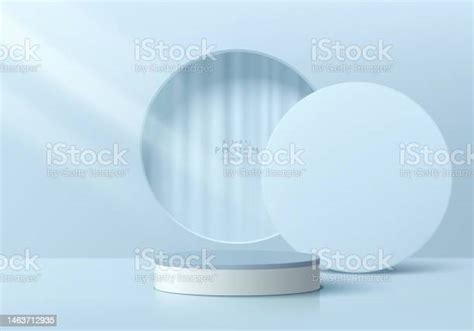흰색 파란색 스탠드 제품 연단 3d 배경에 원형 창에 부드러운 커튼이 있습니다 최소 벽 장면 모형 제품 실린더 무대 쇼케이스 배너 프로모션 디스플레이 추상 벡터 기하학적