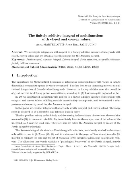 Pdf The Finitely Additive Integral Of Multifunctions With Closed And