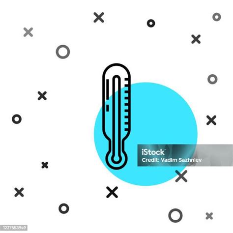 흰색 배경에 격리 된 검은 선 기상 온도계 측정 아이콘입니다 뜨겁거나 추운 날씨를 보여주는 온도계 장비 임의 동적 셰이프 벡터 일러스트레이션 0명에 대한 스톡 벡터 아트 및