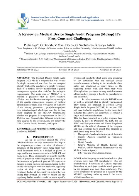Pdf A Review On Medical Device Single Audit Program Mdsap Its Pros