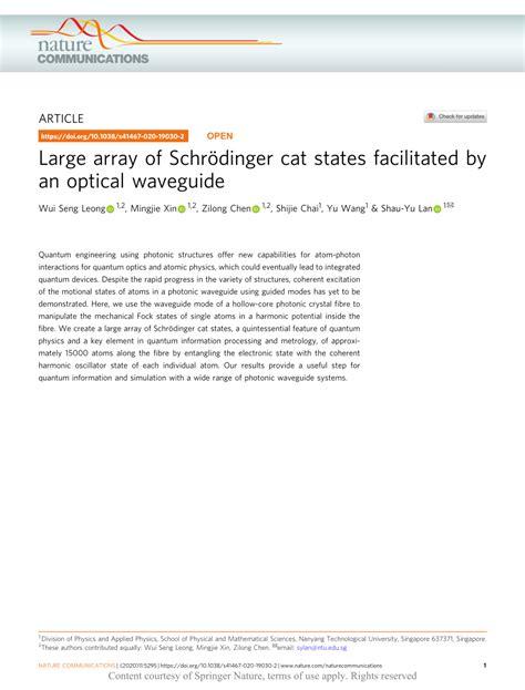 Pdf Large Array Of Schrödinger Cat States Facilitated By An Optical Waveguide