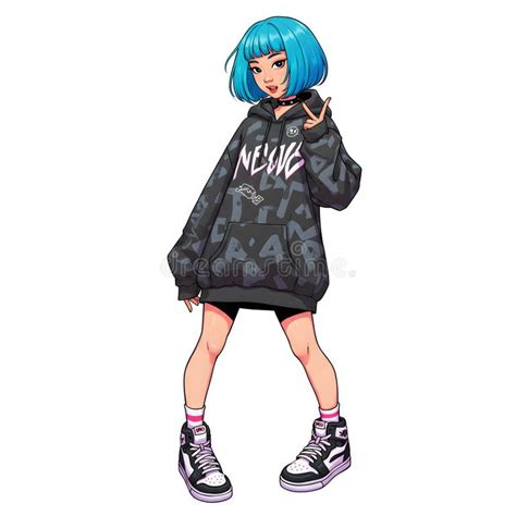 Stylish Anime Girl In Oversized Hoodie And Sneakers Vibrant Blue Hair