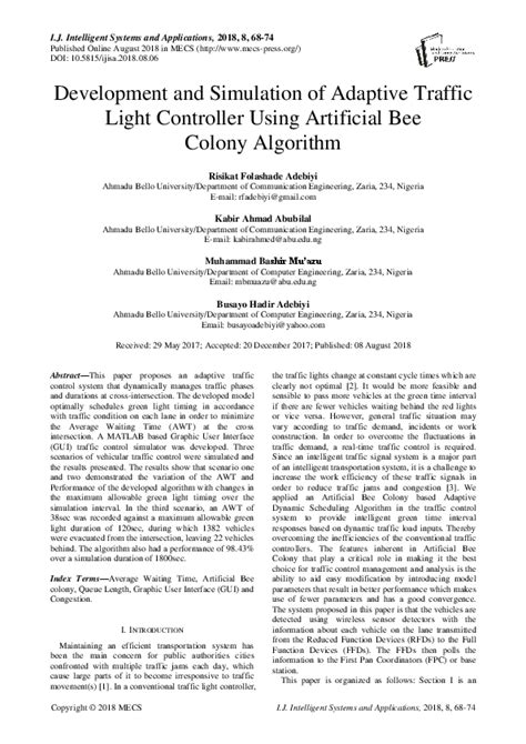 Pdf Development And Simulation Of Adaptive Traffic Light Controller Using Artificial Bee