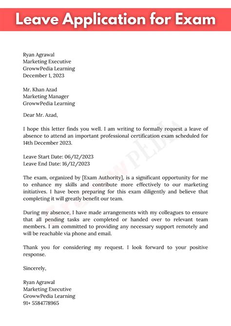 Leave Application For Exam 9 Samples And Format