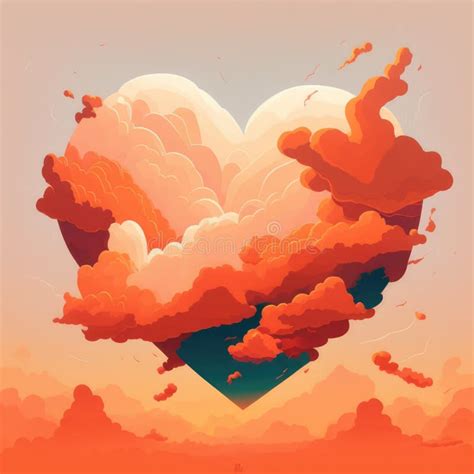 Heart Shaped Clouds In Orange Sky Created Using Generative Ai Technology Stock Illustration