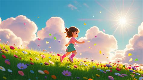 奔跑的小女孩，花朵草坪，春天户外，童真