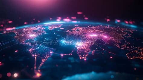 Global Network Connections Pink And Blue Nodes On Dark Earth Stock Illustration Illustration