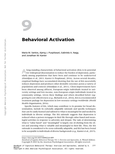 Behavioral Activation Pdf Reinforcement Cognitive Behavioral Therapy