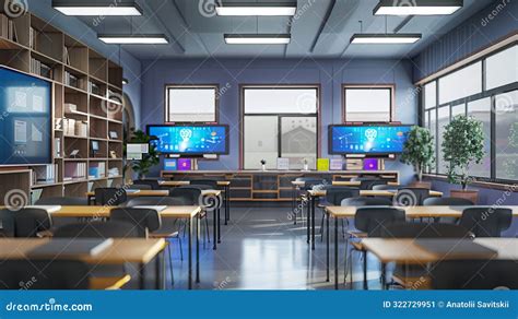 A Contemporary Classroom Featuring Interactive Panels And Ai Assistants Creating A Modern And