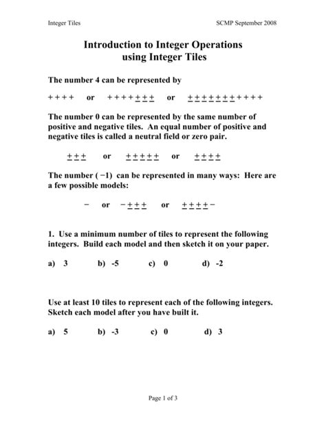 Introduction To Integer Operations Using Integer Tiles