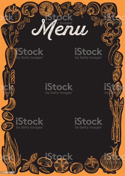 레스토랑에 대한 칠판 메뉴 템플릿입니다 음식 및 음료 카페에 대한 벡터 일러스트 배경입니다 빈티지 레터링과 손으로 그린 재료의 프레임 디자인 레이아웃 스케치에 대한 스톡