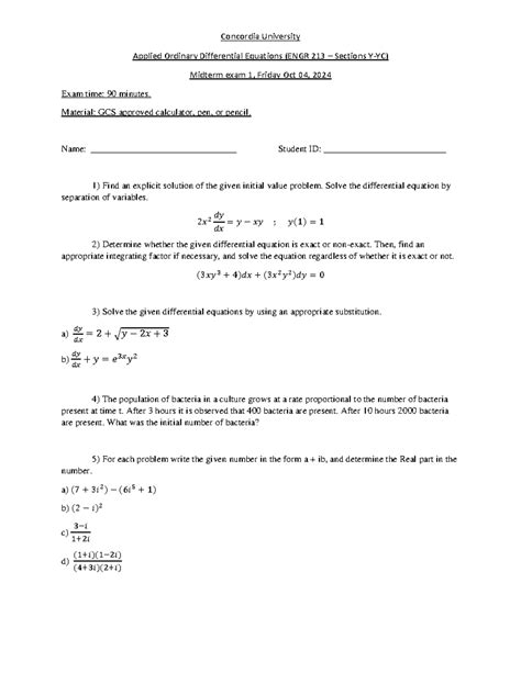 Engr 213 Midterm Exam 1 Applied Ordinary Differential Equations Studocu
