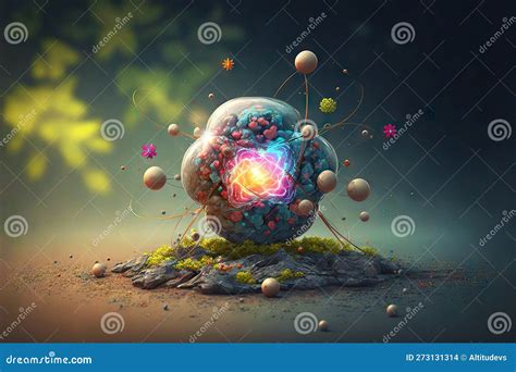 Volumetric Spherical Model Atom Orbit With Bright Luminous Proton Core Stock Illustration