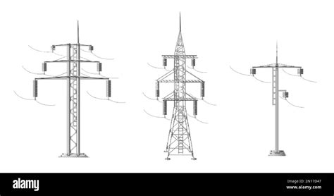 High Voltage Power Line Metal Poles Realistic Set Isolated On White