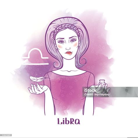 천칭자리 점성술 기호 깃털과 손에 무게의 균형을 가진 아름다운 의심의 소녀 수채화 배경 아름다움에 대한 스톡 벡터 아트 및 기타 이미지 아름다움 천칭자리 깃털