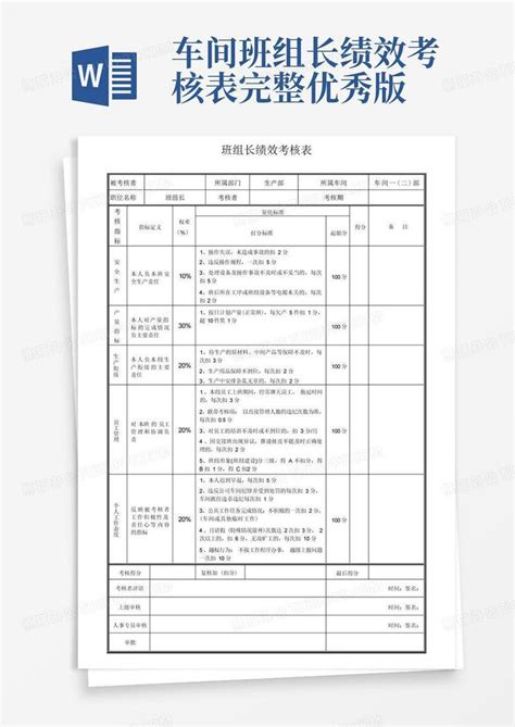 车间班组长绩效考核表完整优秀版Word模板下载 编号lydpdvxm 熊猫办公