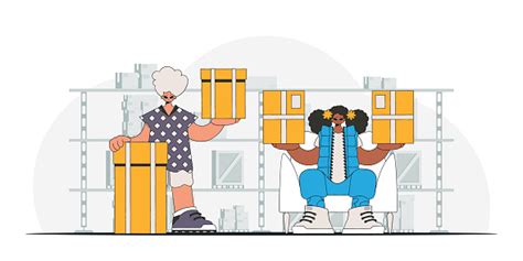 유쾌한 남자와 여자가 상자를 들고 있습니다 택배 팀 패키지 및화물 운송에 대한 묘사 가상현실에 대한 스톡 벡터 아트 및 기타 이미지 가상현실 남자 배달 Istock