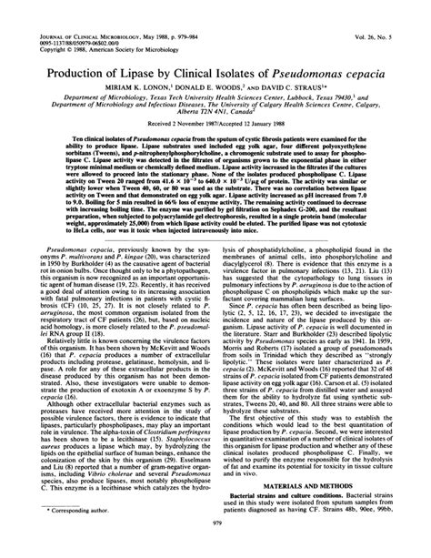 Pdf Production Of Lipase By Clinical Isolates Of Pseudomonas Cepacia