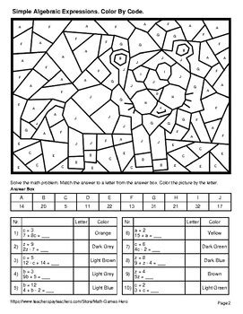 Simple Algebraic Expressions Coloring Pages Color By Code TPT