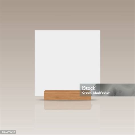 벡터 3d 현실적인 흰색 사각형 빈 빈 종이 시트 나무 홀더에 카드 스탠드 아이콘 근접 촬영 모형 메뉴 프레임 소책자에 대한 디자인 템플릿입니다 아크릴 텐트 카드 전면