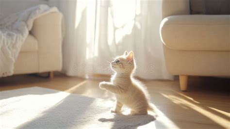 Playful Kitten Enjoying Sunshine In A Cozy Living Room While Playfully