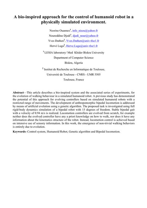 Pdf A Bio Inspired Approach For The Control Of Humanoid Robot In A Physically Simulated