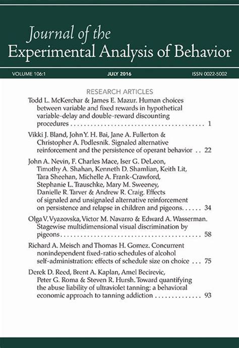 Journal Of The Experimental Analysis Of Behavior Vol 106 No 1