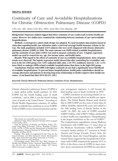 Pdf Continuity Of Care And Avoidable Hospitalizations For Chronic Obstructive Pulmonary