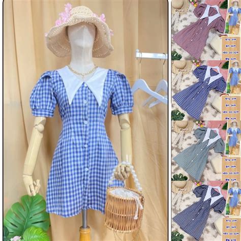 เดรส ผ้าทอลายสก๊อต คอปก แต่งกระดุมหน้า เอวยืดหลัง ยาว 31 อก 34 เอว 20