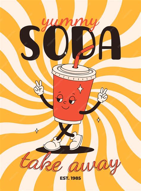 만화 패스트 푸드 포스터 마스코트 음식 캐릭터가 포함된 레트로 그루비 카드 카페용 인용문이 있는 브로셔 디자인 펑키 그루비