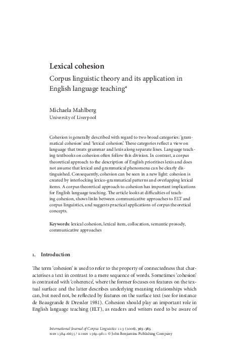 Pdf Lexical Cohesion Corpus Linguistic Theory And Its Application In English Language Teaching