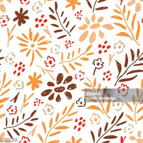 가을 디자인을 위한 핸드 그린 플로럴 벡터 매끄러운 패턴 주황색 노란색 갈색 가지 분홍색 꽃 흰색 배경에 빨간 열매 직물 포장 섬유 제품 종이의 인쇄용 0명에 대한 스톡
