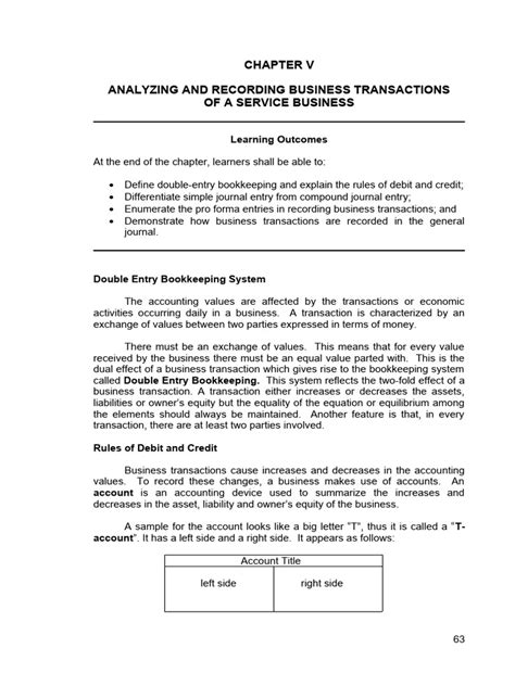 Bscm Chapter V Analyzing Recording Business Transactions Of A Service Business Pdf Debits