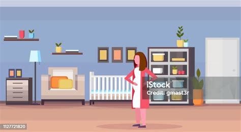 임신한 여 자가 집에서 아기 침대 신생아 실 흰색 나무 침대 현대 아이 또는 보육 침실 인테리어 여성 캐릭터 전체 길이 서 수평 평면 유아에 대한 스톡 벡터 아트 및 기타