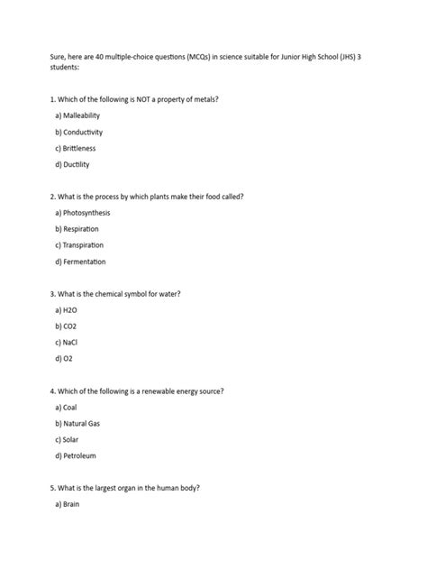 Science Questions Pdf Water Carbon Dioxide