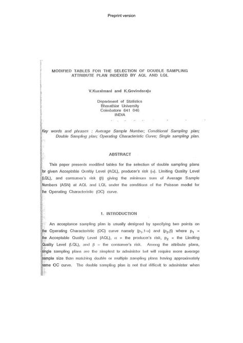 Pdf Modified Tables For The Selection Of Double Sampling Attribute