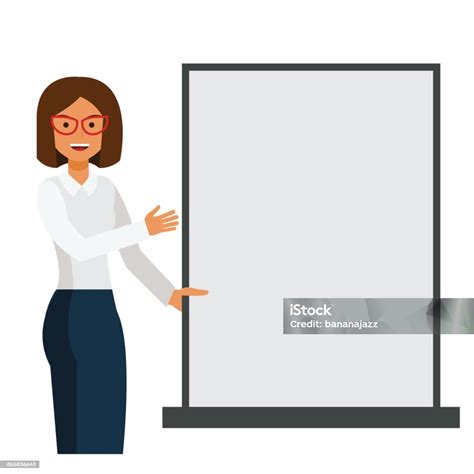 고립 된 흰색 배경 비즈니스 여자 보여주는 빈 서식 파일 보드 만화 평면 벡터 일러스트 레이 션 개념 개념에 대한 스톡 벡터