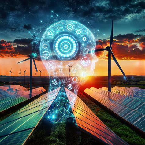 Conceptual Image With Artificial Intelligence Made Of Solar Panels And Wind Turbines Generative