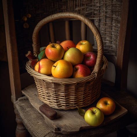 Premium Ai Image A Basket Of Apples And A Wooden Handle On A Chair