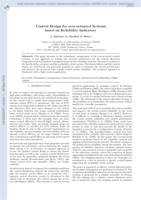 Pdf Reconfigurable Control Design For Over Actuated Systems Based On Reliability Indicators