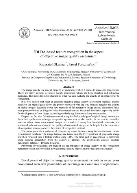 Pdf 2dlda Based Texture Recognition In The Aspect Of Objective Image Quality Assessment