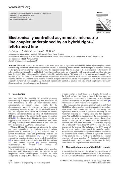 Pdf Electronically Controlled Asymmetric Microstrip Line Coupler Underpinned By An Hybrid Rh